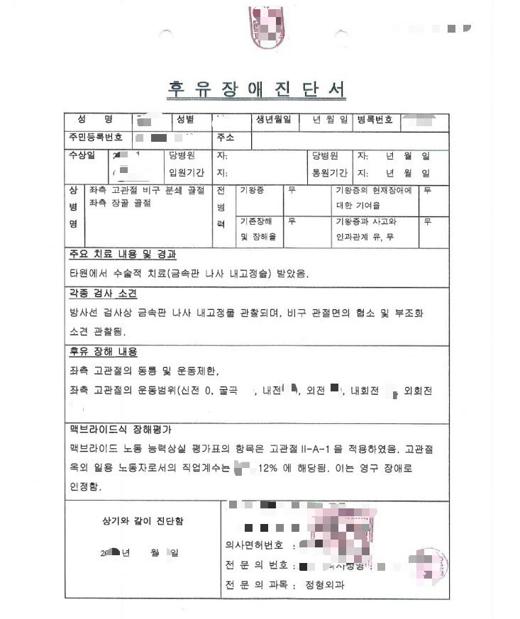 대퇴골 분쇄골절 후유장애진단 장해진단서 보상금 대퇴골 경부골절 합의금 보상 네이버 블로그